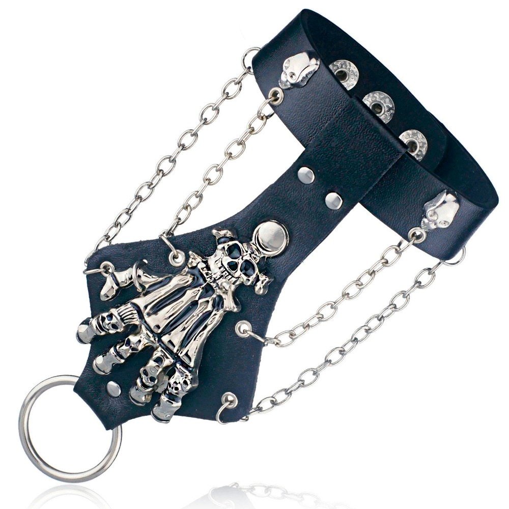 Gothic Skeleton Chain Leather Wristband - Queerks™